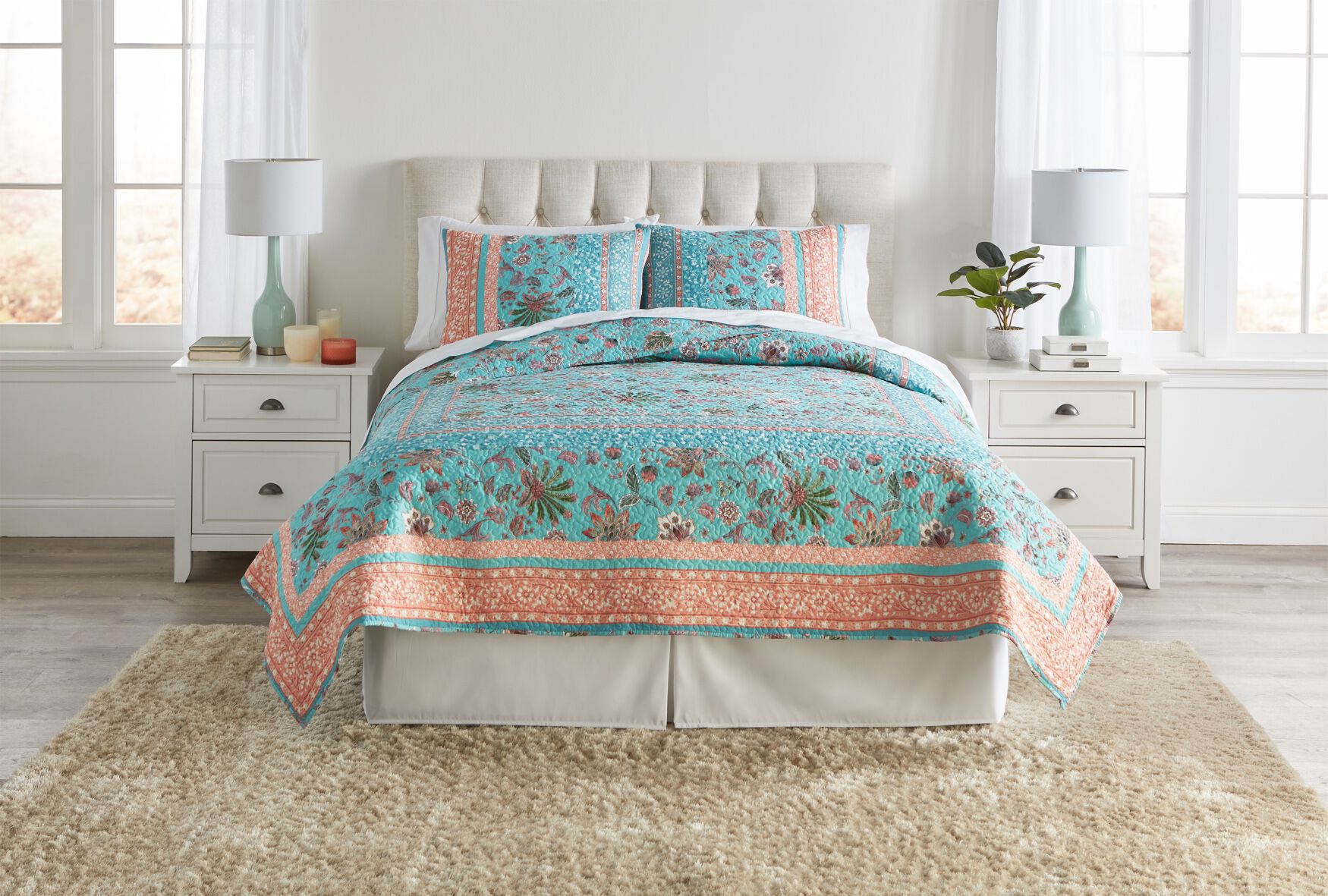 Jacobean Quilt Set 3-PC Reversible Bedding, Turquoise | King Size