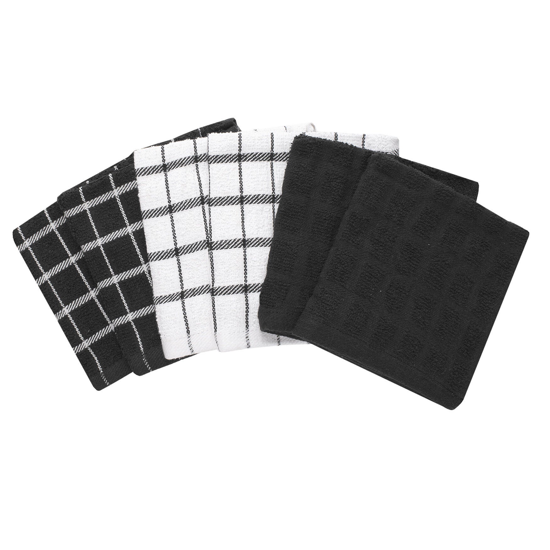 6Pk Terry Check Dish Cloth Set Absorbent Cotton, Black | King Size