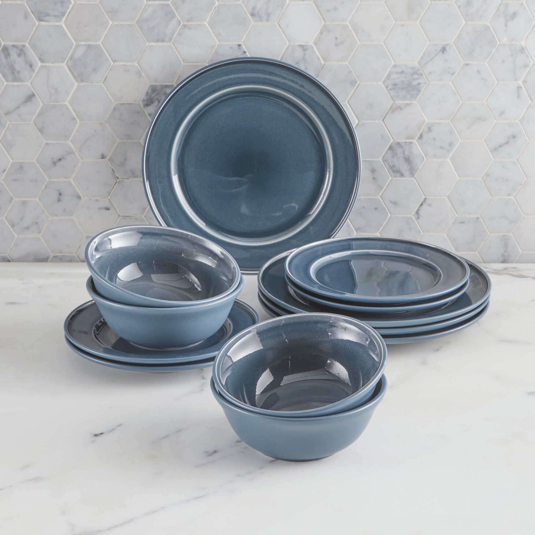 12-pc Stoneware Dinnerware Set Reactive Glaze, Blue | King Size