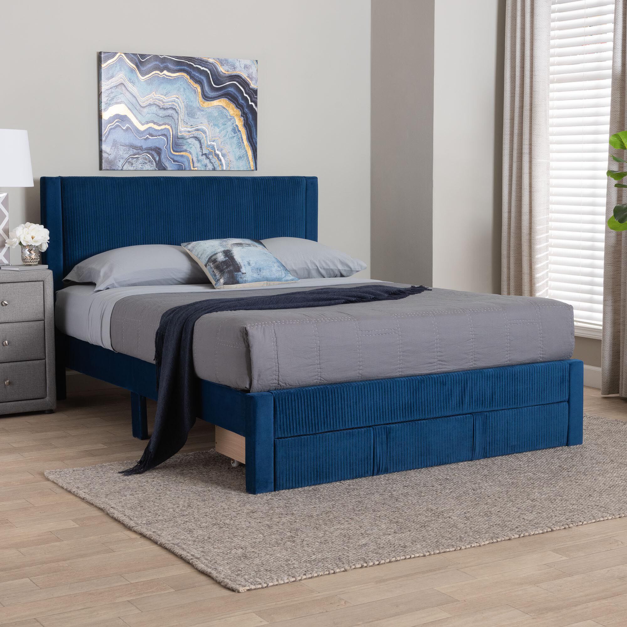 Elora Modern Pleated Velvet Queen Size Storage Bed | King Size