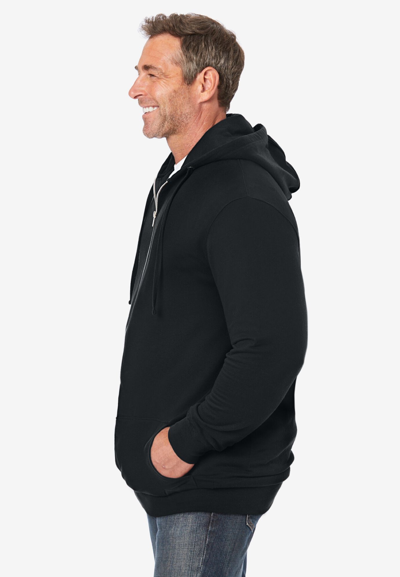 Fleece Zip-Front Hoodie with Pockets & Drawstring, Black | King Size