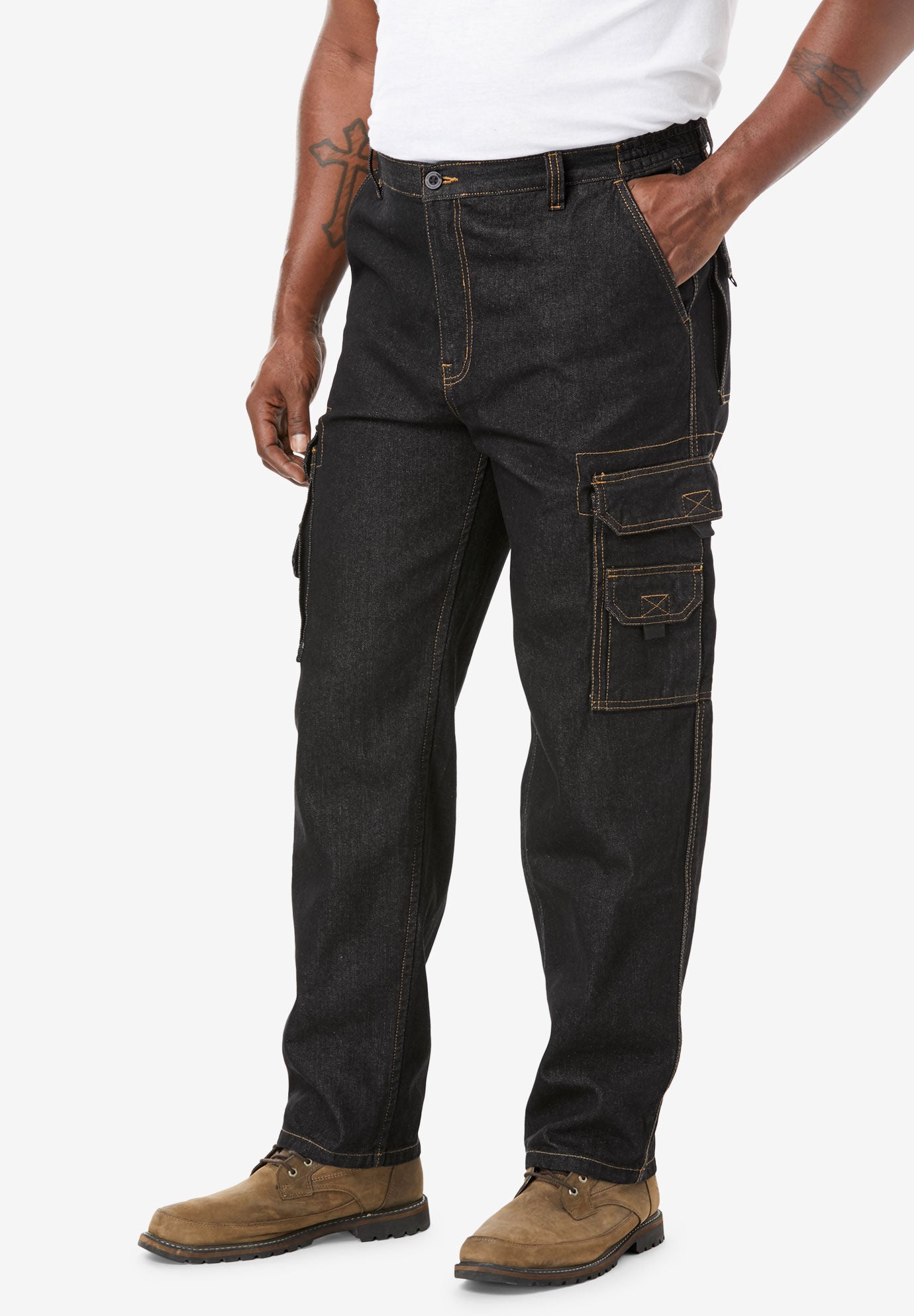 Rugged Marine Cargo Pants with Elastic Waist, Black Denim | King Size