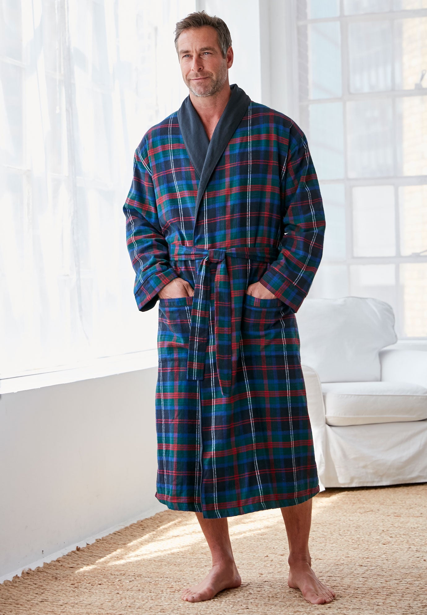 Jersey-Lined Flannel Robe with Shawl Collar, Twilight Plaid | King Size