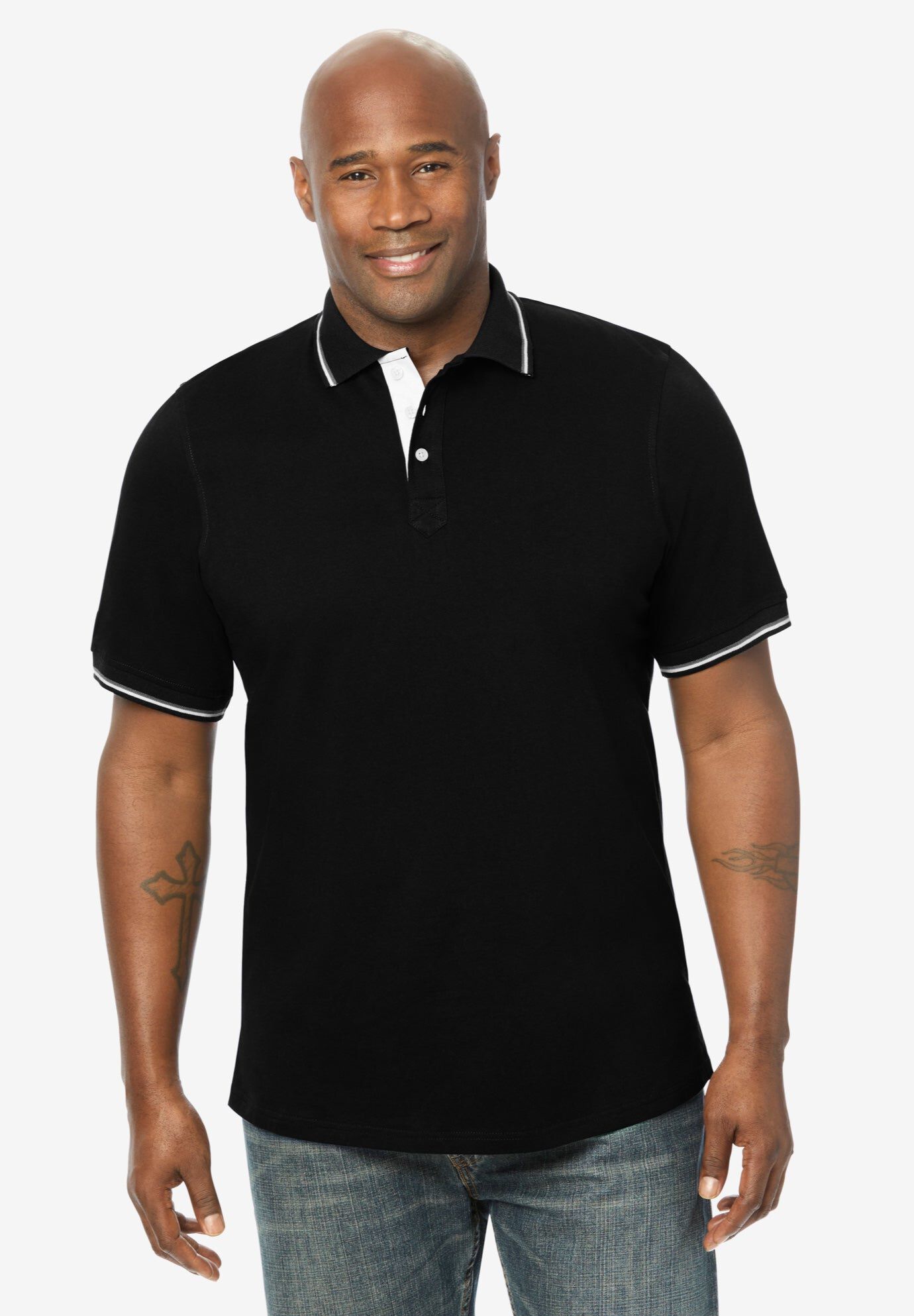 Double Tipped Polo with Twill Lined Placket, Black | King Size