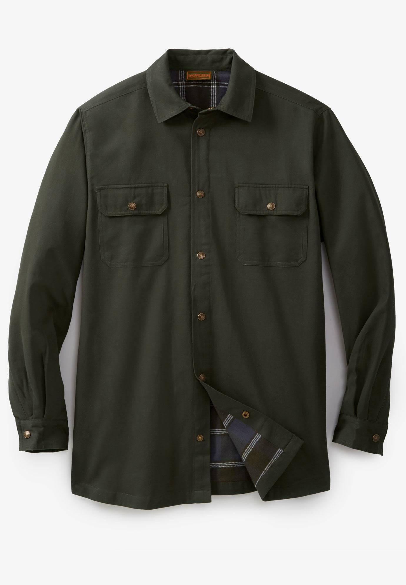 Flannel-Lined Twill Shirt Jacket for Men, Forest Green | King Size