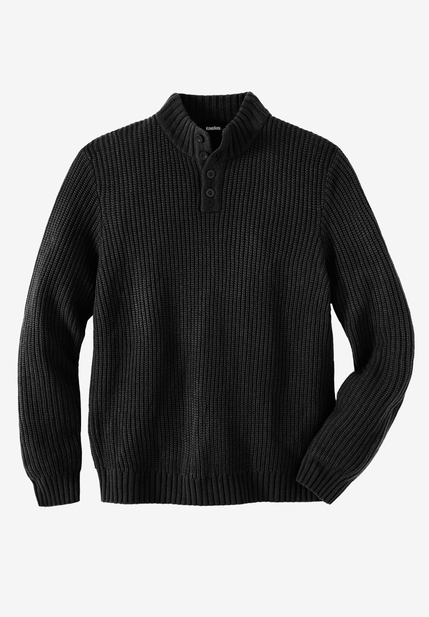 Henley Shaker Sweater with 4 Button Placket, Black | King Size