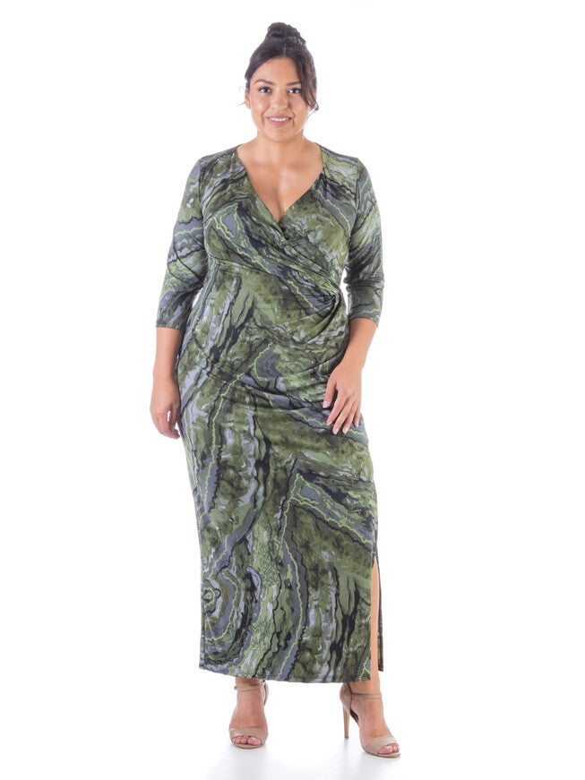 Green Faux Wrap Side Slit Plus Size Maxi Dress King Size