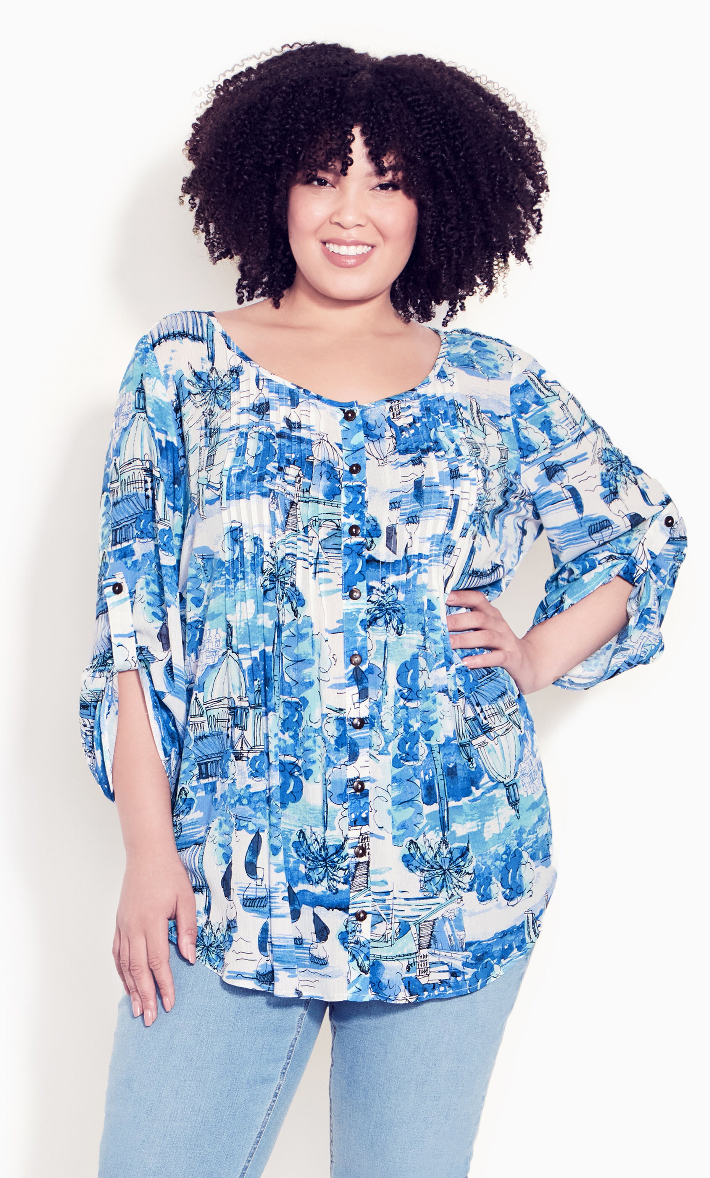 Sandy Pintuck Print Shirt - blue | King Size