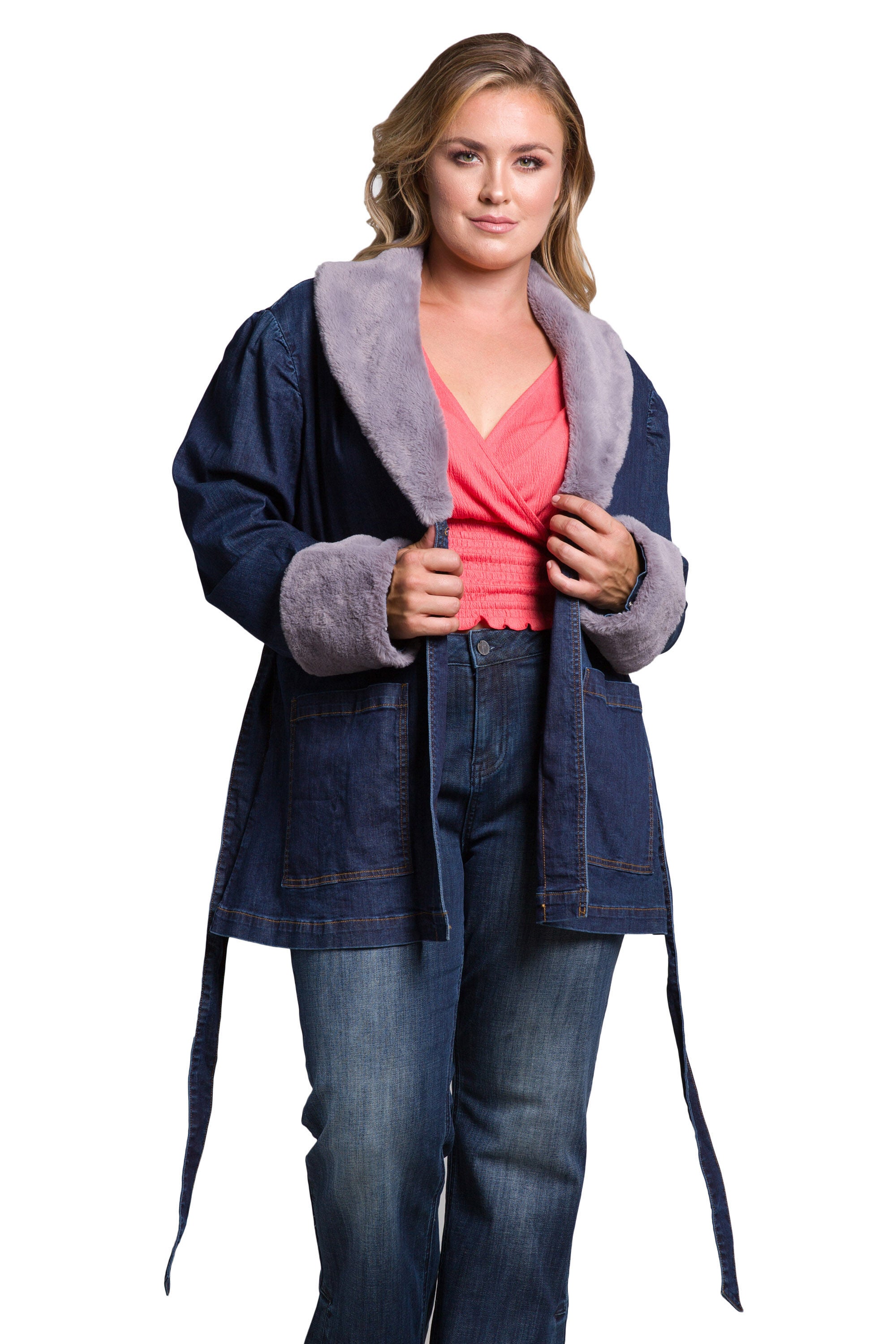 Women's Plus Size Tie Robe Detachable Faux Fur Collar & Cuff Denim Wrap ...