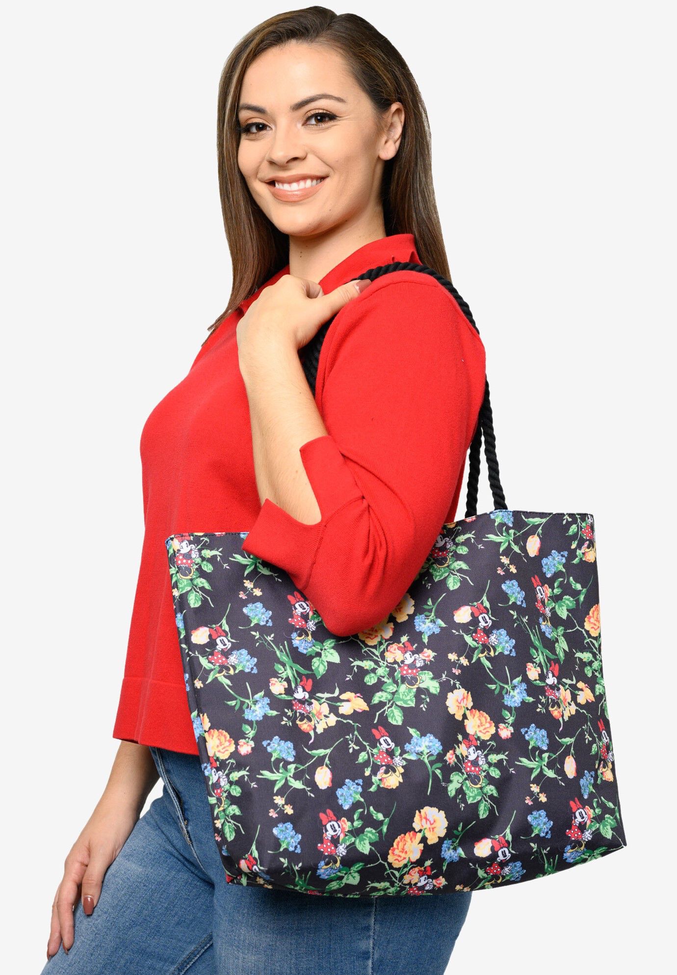Disney Minnie Mouse Tote Bag Floral All-Over Print Rope Handles | King Size